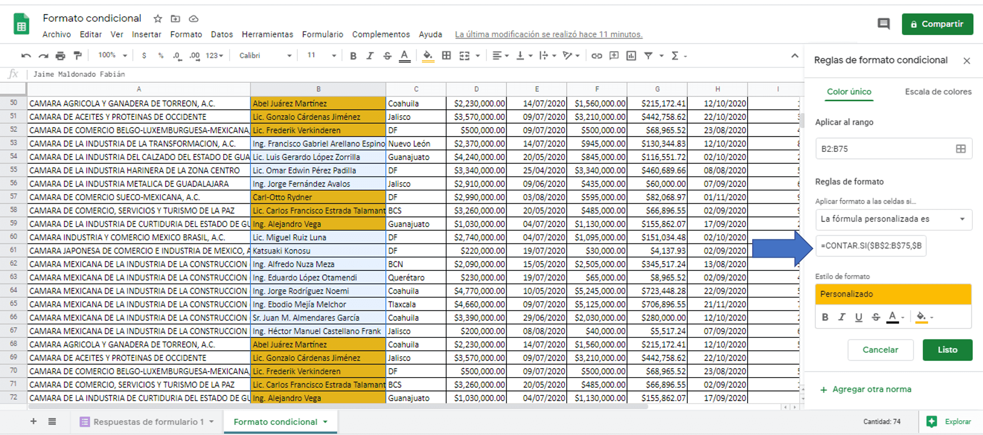 Formato condicional en Google Sheets